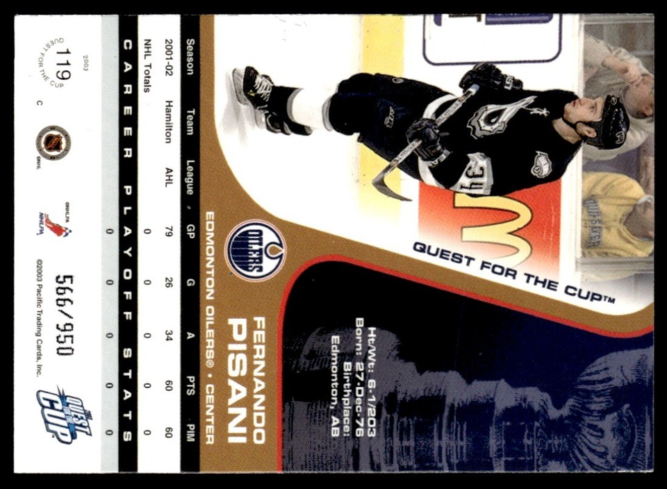 2002-03 Pacific Quest for the Cup SILVER Fernando Pisani Rookie /950 ...