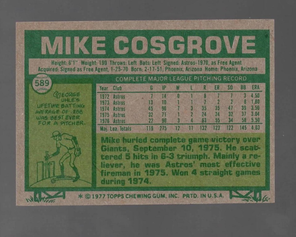 1977 Topps Mike Cosgrove Houston Astros #589 Excellent | eBay