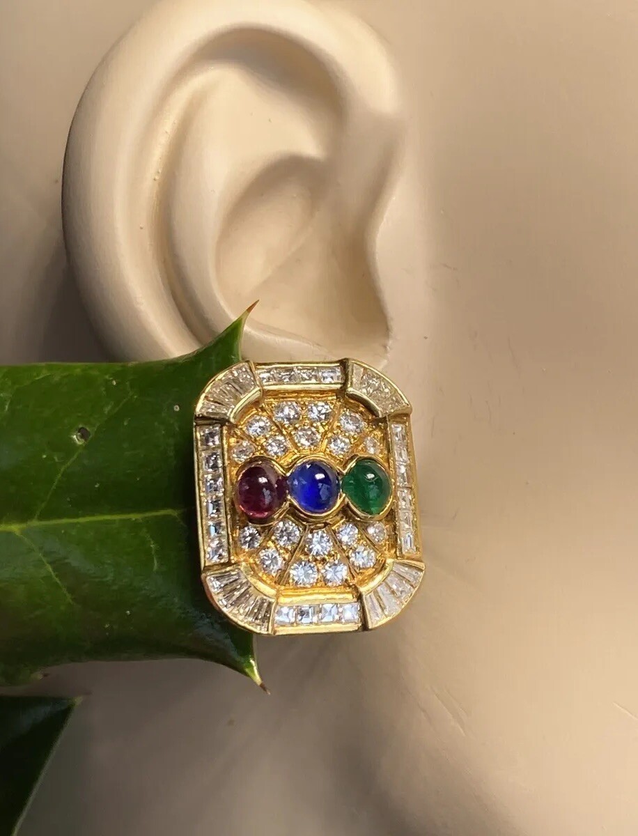 Adler Vintage Sapphire Ruby Emerald Diamond Clip-On Earrings Estate ...