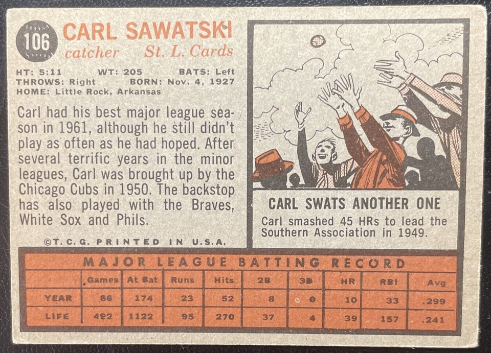 1962 Topps Baseball #106 Carl Sawatski St. Louis Cardinals | eBay