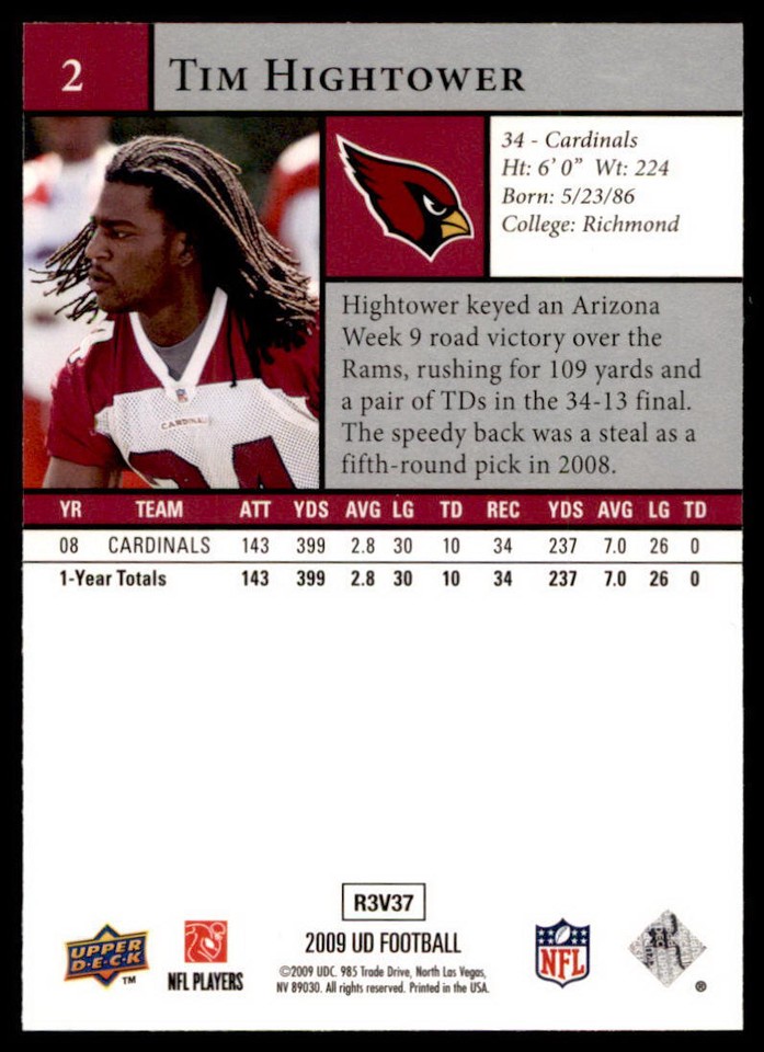 2009 Upper Deck #2 Tim Hightower Arizona Cardinals | eBay