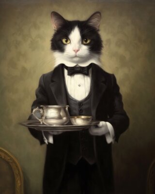 Tuxedo Cat Elegant Butler Whimsical Sophisticated Fine Art Giclee Print ...