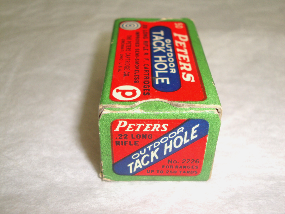 VINTAGE PETERS OUTDOOR TACK HOLE .22 LONG RIFLE R. F. CARTRIDGES BOX ...
