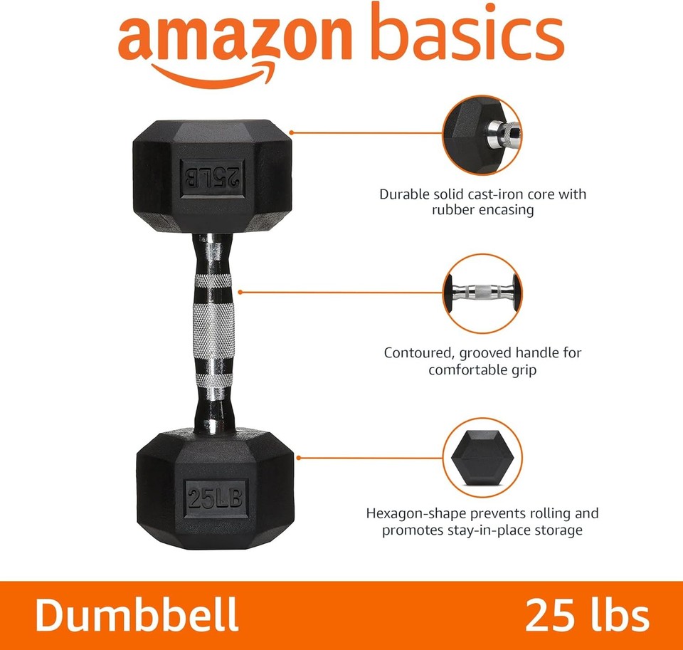 Amazon Basics Rubber Hex Dumbbell Hand Weight 25 Pounds, Black ...