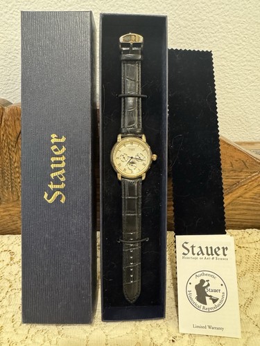 Men’s Authentic Stauer Moon Phase Watch #38662 Black Leather Band NEW ...