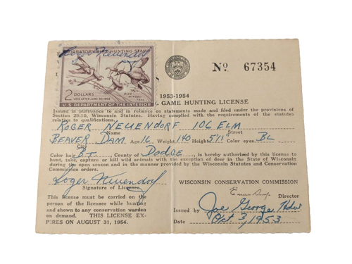 Vintage 1953-54 Wisconsin Game Hunting License With Migratory Bird ...