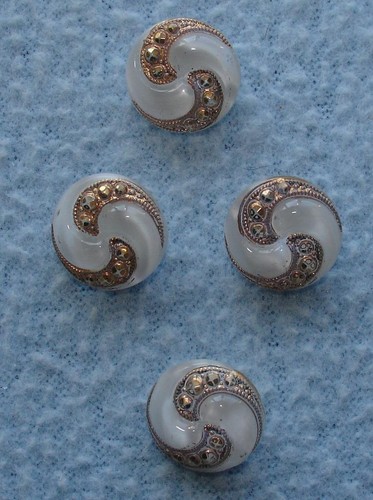 4 Vintage Carved WHITE GLASS BUTTONS with GOLD LUSTER Swirl Self Shank ...