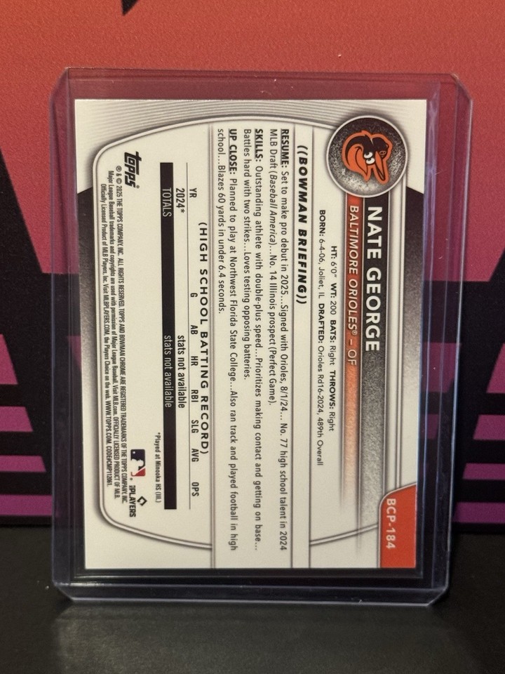 Nate George 2025 Bowman Chrome 1st Chrome Purple Refractor /250 #BCP ...