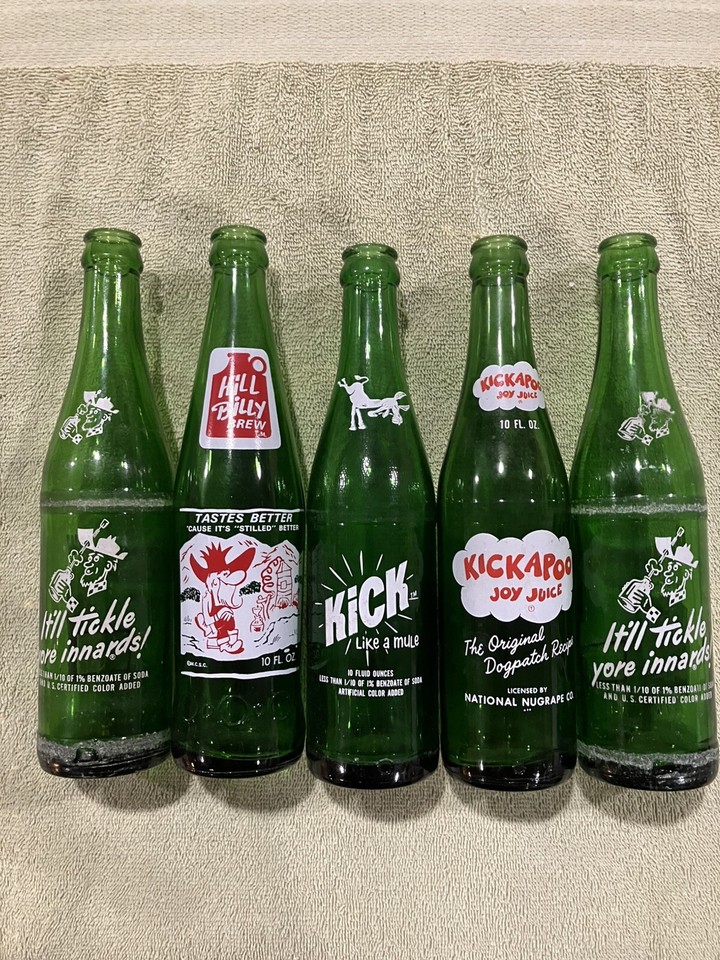 5 Green Soda Bottles MT Dew Hill Billy Kick Kick A Pop. NR $15.00 Start ...