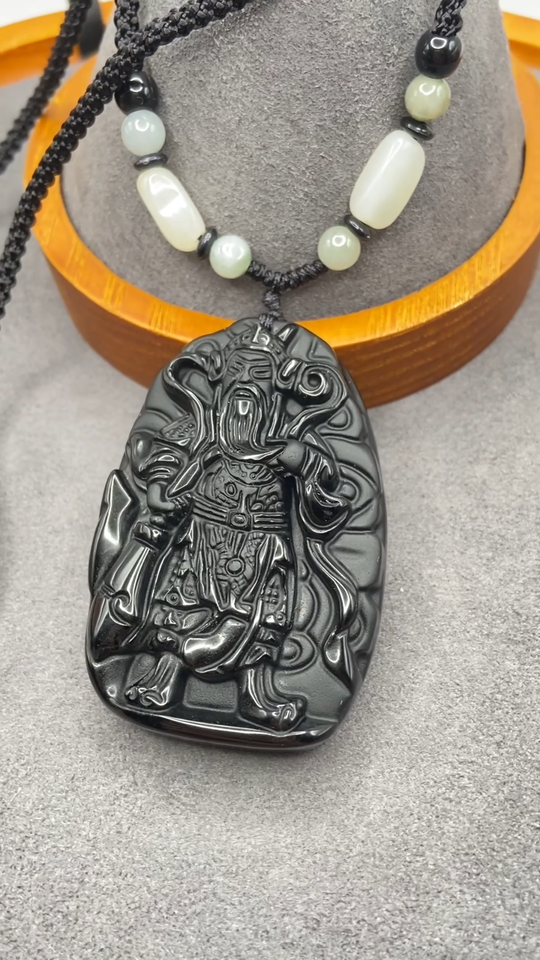Jade Obsidian Guan Yu Charm Pendant Necklace Beads Cord Handmade Carved ...