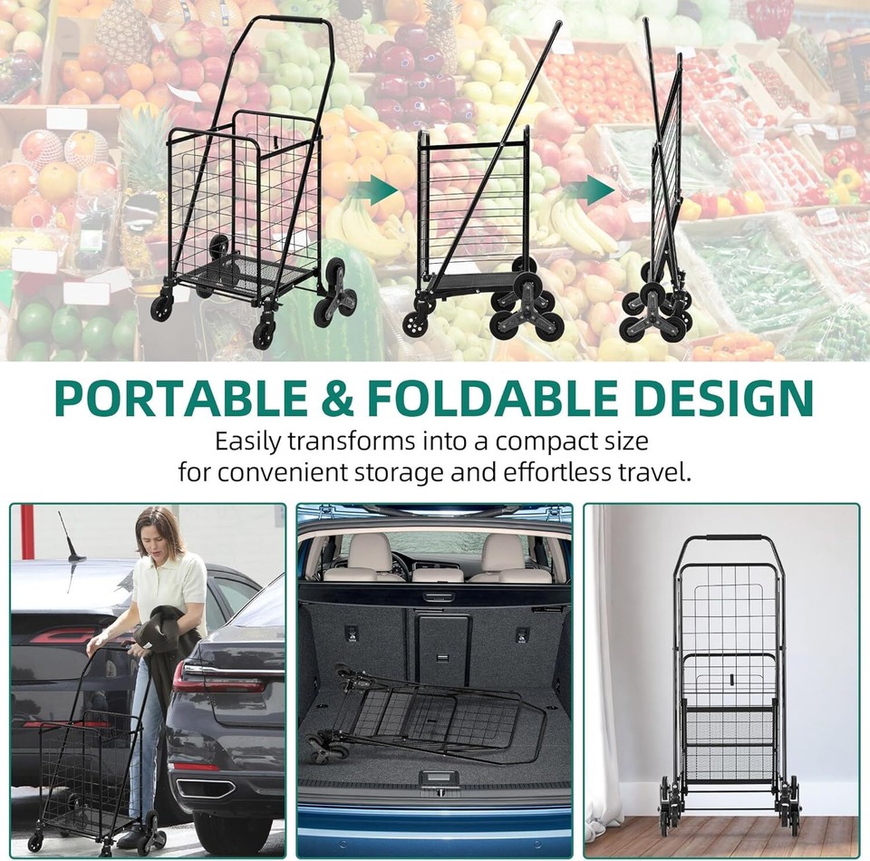 Folding Shopping Cart W/ Liner Stair Climber Cart 360° Swivel Wheels ...