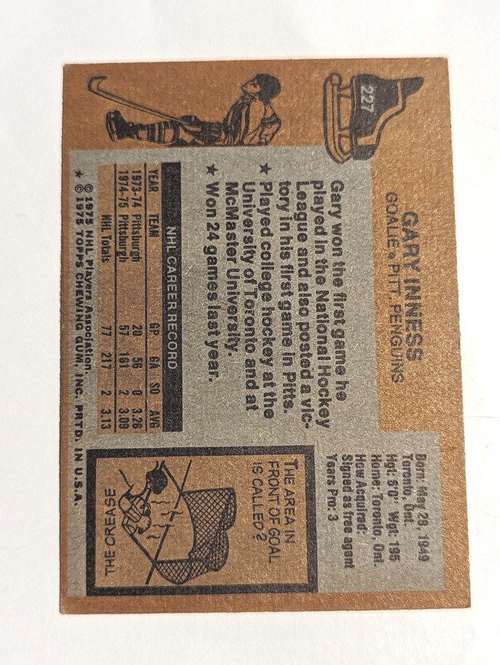 1975-76 Topps Hockey Card 227 Gary Inness Pittsburgh Penguins Goalie | eBay