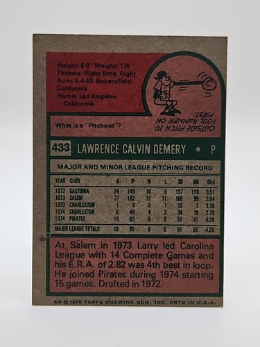 1975 Topps Baseball #433 Larry Demery Vintage Pittsburgh Pirates ...