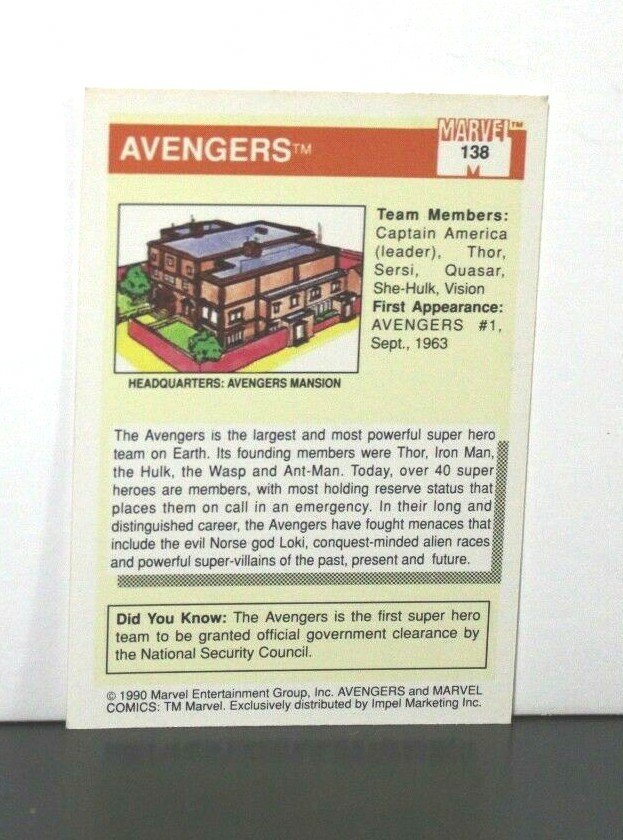 1990 MARVEL UNIVERSE SERIES 1 TRADING CARD AVENGERS #138 MVC TEAM ...