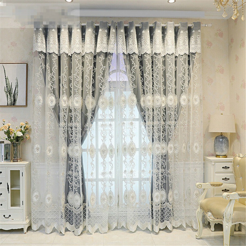 Beaded Floral Embroidered Curtain Double-Layer Curtain for Living Room ...