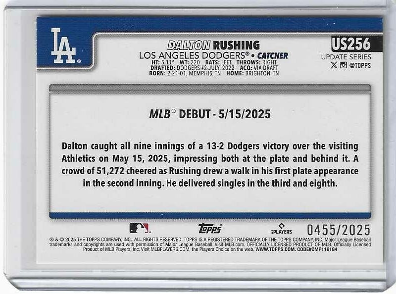 Dalton Rushing 2025 Topps Update Rookie Debut Gold Dodgers /2025 $1.50 ...