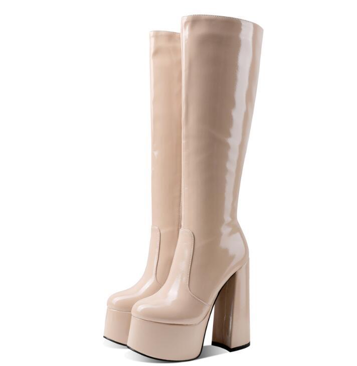 Womens Fashion Winter Round Toe Patent leather Knee Boots Pumps High ...