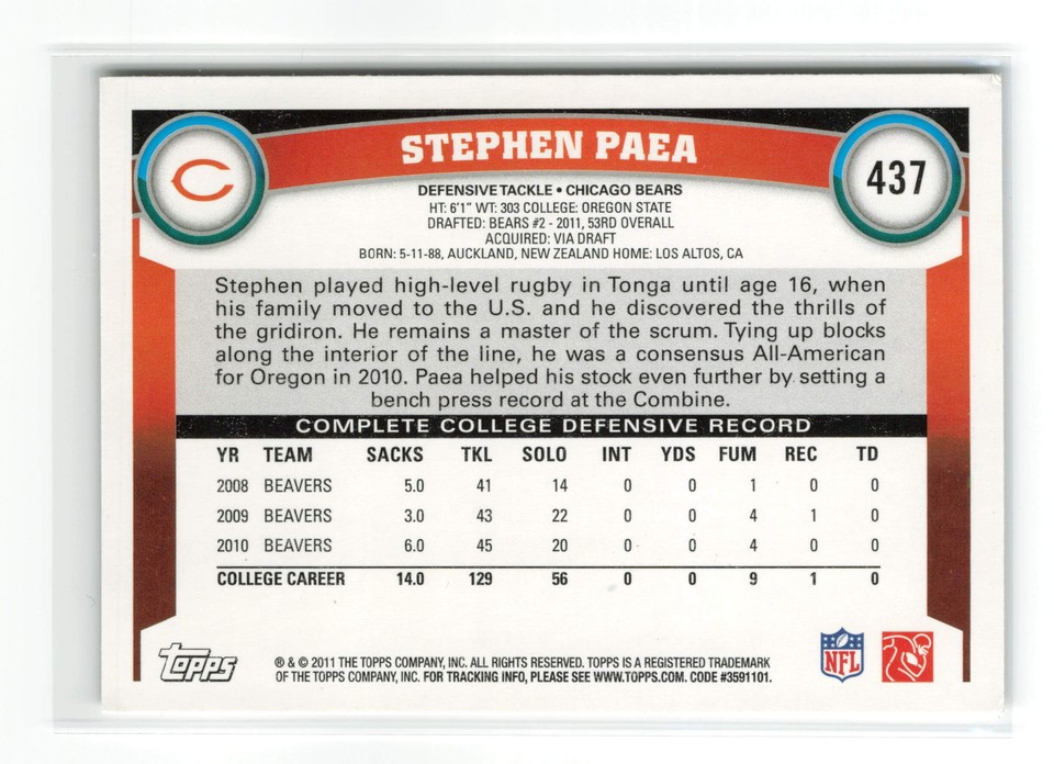 STEPHEN PAEA #437 RC 2011 TOPPS BEARS | eBay