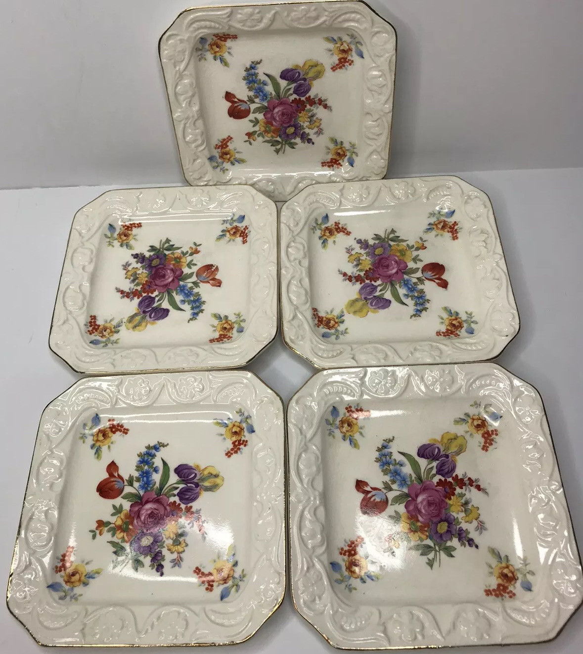 Tashiro Shoten Japan Set Of 5 Square Plates 5.5" Flowers Embossed Gold ...