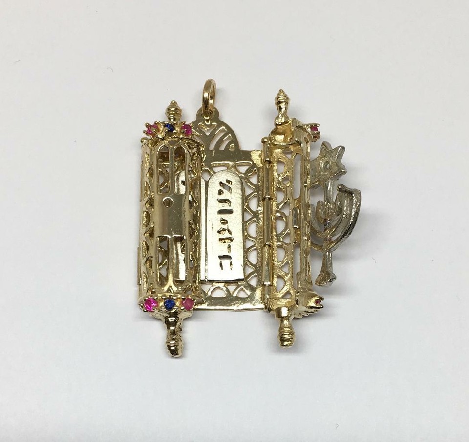 Heavy Vintage 14k YG & WG Judaic Torah Scroll Holder Sapphire Charm ...