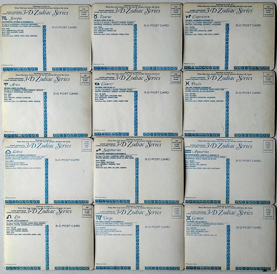 Vintage (1968) 3D Lenticular Postcards Complete Set of 12 Zodiac Signs ...