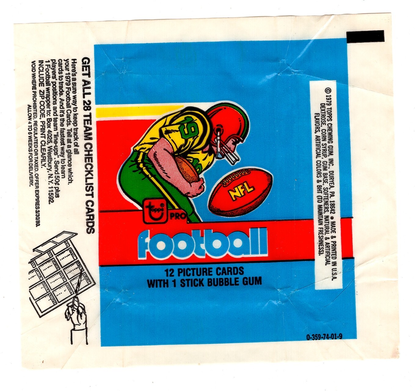 1979 TOPPS FOOTBALL CARD WRAPPER - EMPTY -NO CARDS - "28 TM CHECKLIST ...