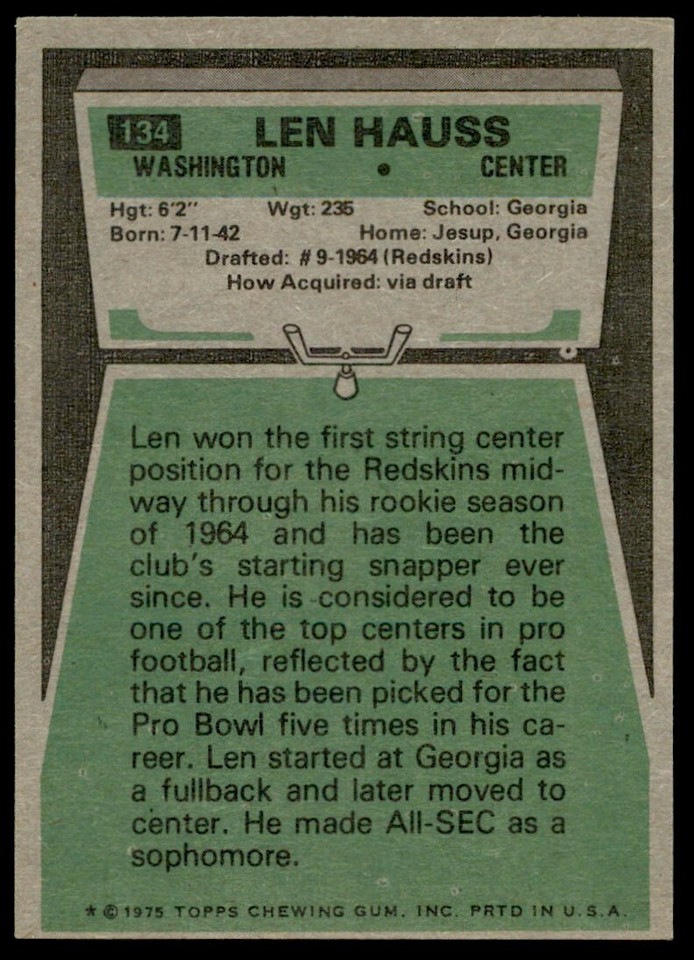1975 Topps Len Hauss Washington Redskins #134 | eBay