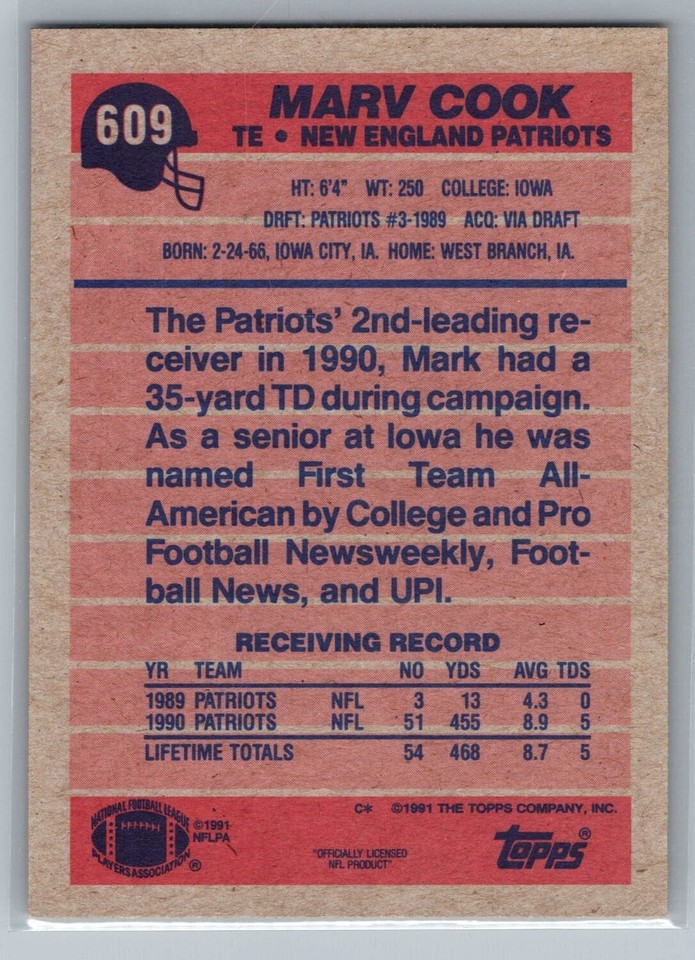 1991 TOPPS CARD # 609 Marv Cook - New England Patriots | eBay