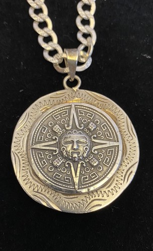 925 Mexico Sterling Silver Sun Aztec Calendar Double Sided Pendant 24 ...