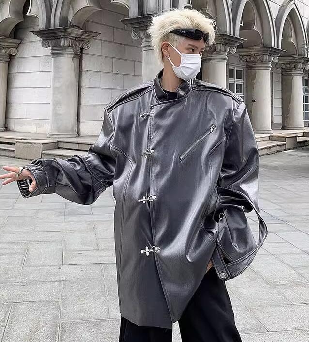 Men's Autumn New Fashion Lapel Long Sleeve Loose Metal Decor Shine ...