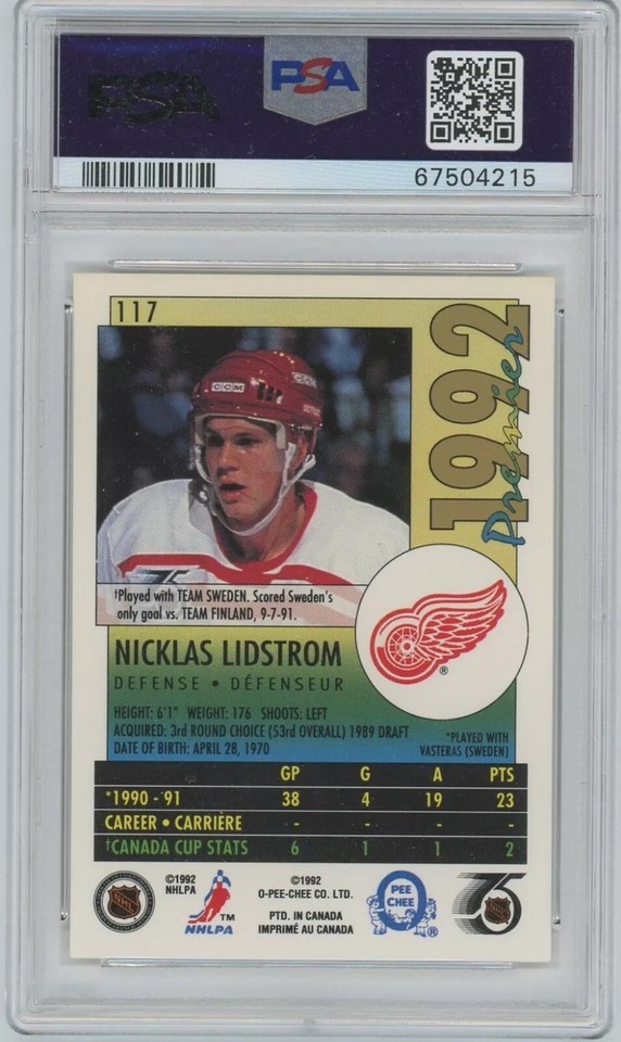 1991-92 OPC O-Pee-Chee Premier #117 NIKLAS LIDSTROM RC Rookie PSA 10 ...