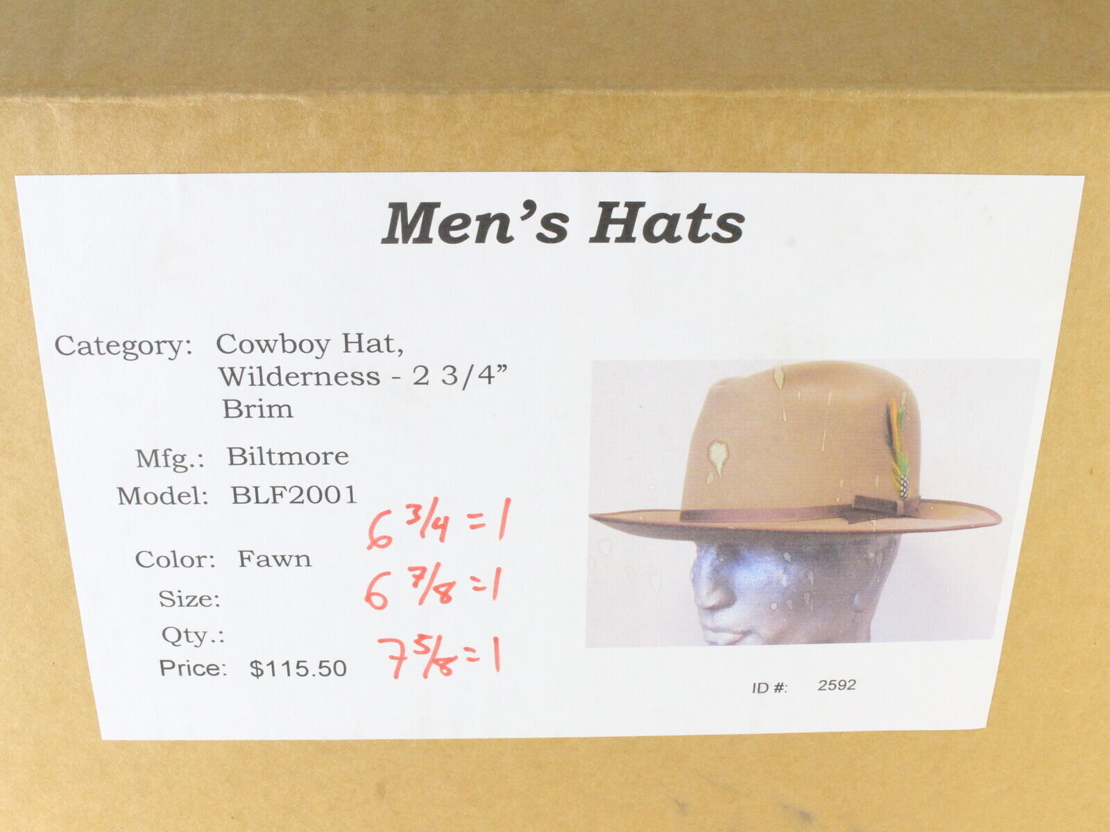 Biltmore Wilderness Mens Fawn Brown Felt WESTERN STYLE Hat W/ Pin 6 3/4 ...