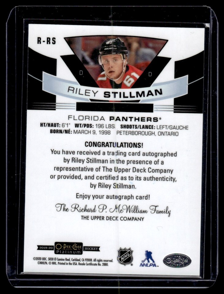 2019-20 O-Pee-Chee Platinum Rookie Autographs Riley Stillman RC Auto ...