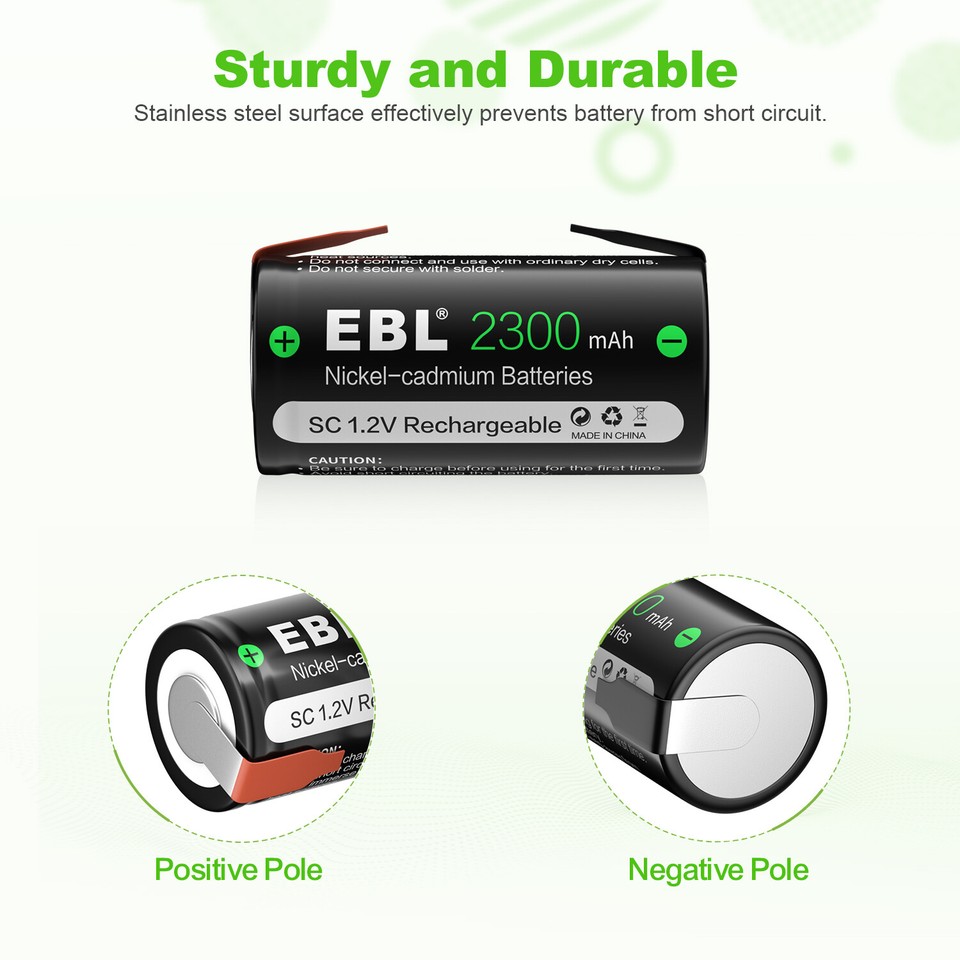 EBL SC Sub-C NiCd Rechargeable Batteries 2300mAh Tap Cell Power Tool ...