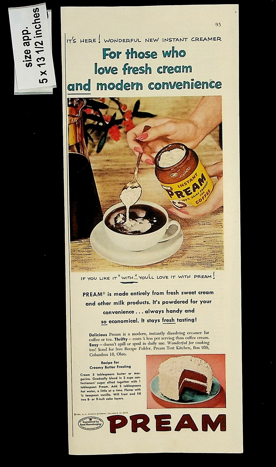 1956 Pream Coffee Creamer Powdered Sweet Cream Vintage Print Ad 8508 | eBay