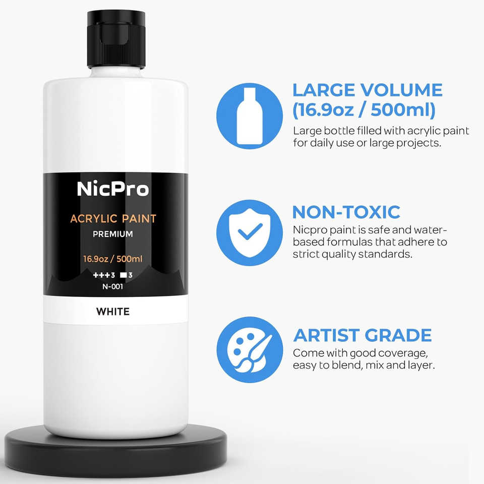 Nicpro White Large Acrylic Paint (16.9 Oz, 500 Ml), Rich Pigments, Non ...
