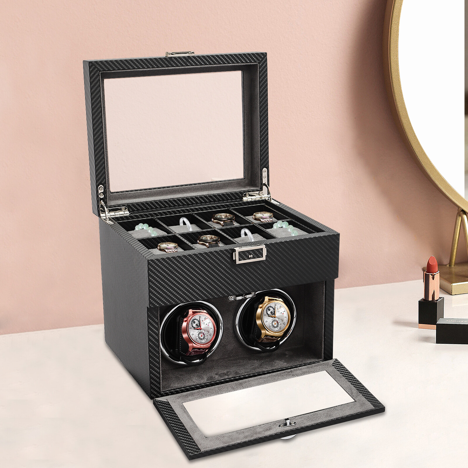 2+8 Watch Winder Automatic Watch Storage Box with Men Jewelry Organizer ...