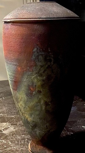 RAKU POTTERY VASE WITH ROUGH TEXTURED SURFACE, HAND PAINTED IN DARK ...