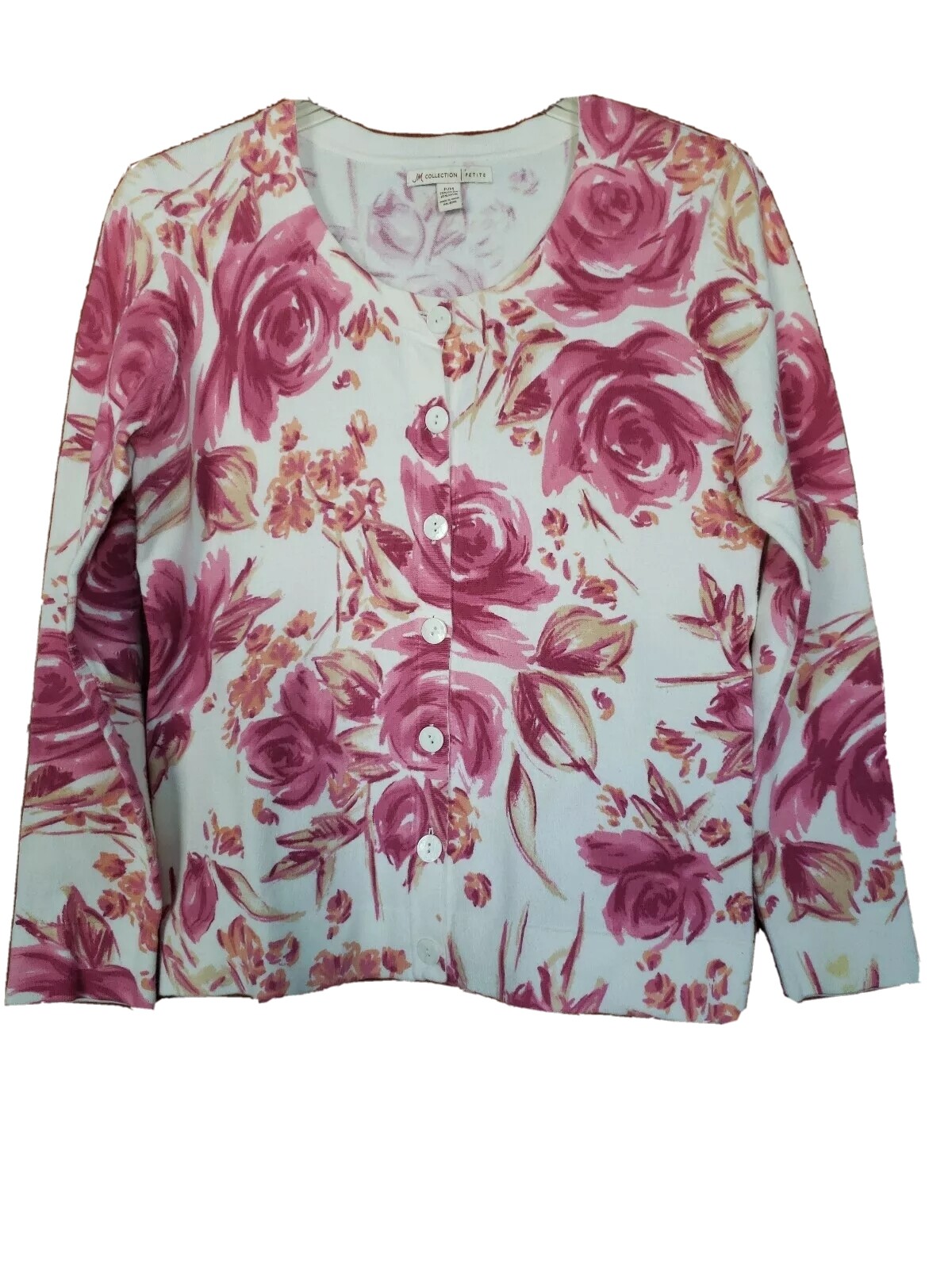 JM collection pink white floral long sleeve cardigan sweater Petite M ...