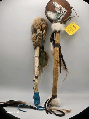 Authentic Navajo Ceremonial Drum/Rattle+,Leather,Sinew,Wood Feathers ...