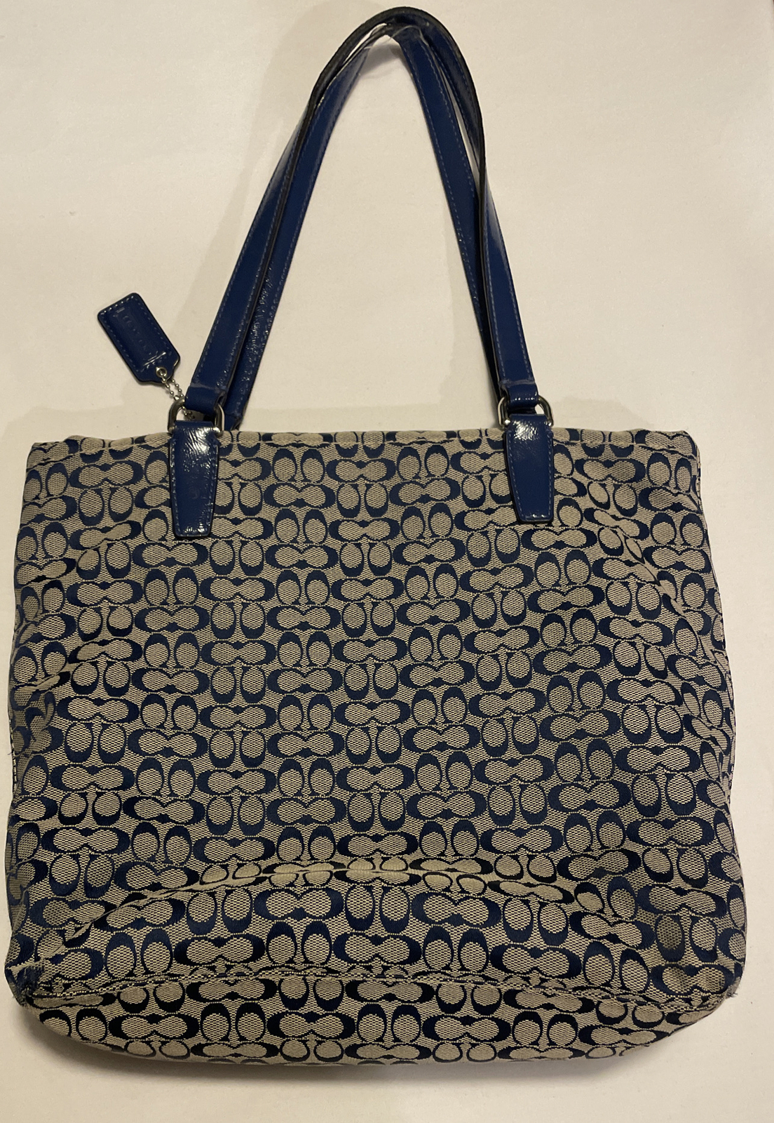 COACH SIGNATURE CANVAS BLUE STRIPE & LEATHER TOTE PUR… - Gem