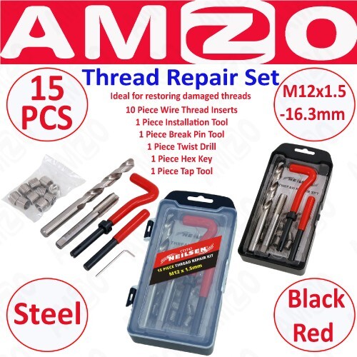 Neilsen 15Pcs M12 x 1.5 Thread Repair Kit - Helicoil Type Inserts ...