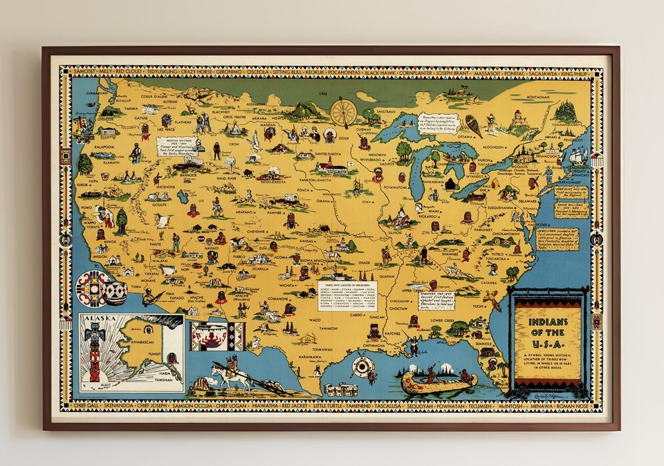 Indians of the USA Native American Tribes Pictorial Map Wall Poster ...