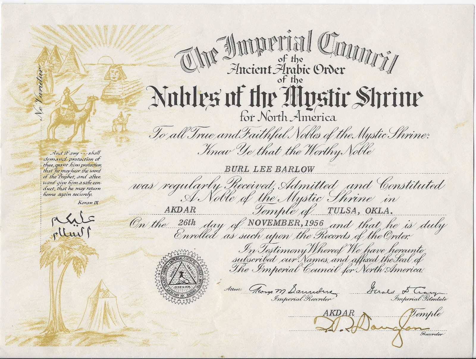 1956 Tulsa OK Akdar Temple Nobles of the Mystic Shrine Orig Signed ...