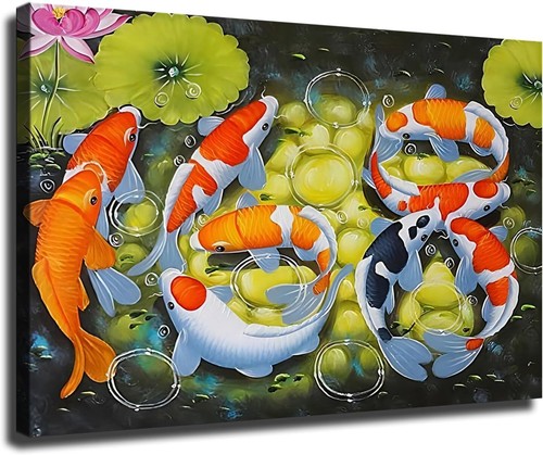 Nine Koi Fish Feng Shui Carp Lotus Pond Oil Painting Poster Canvas ...