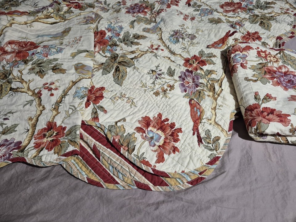 Waverly Charleston Chirp Queen Quilt + 2 King Shams Cream Bird Floral ...