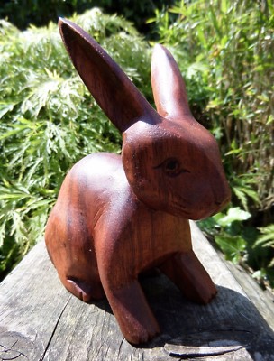 Fair Trade Hand Carved Made Wooden Wood Garden Rabbit Hare Bunny Statue ...