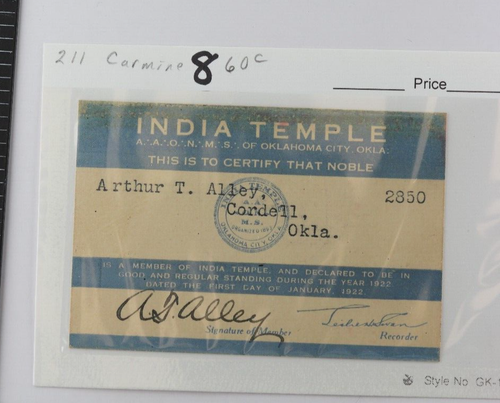 1922 FREE MASON MEMBER GOOD STANDING PAID DUES CARD INDIA TEMPLE ...