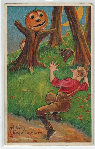 Halloween Postcard Man Scared By Pumpkin on A Tree Stump | eBay