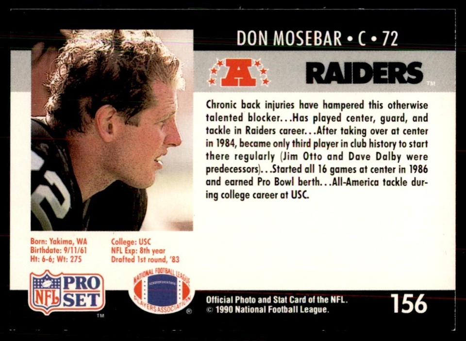 1990 Pro Set Super Bowl XXV Binder Raiders Don Mosebar Los Angeles ...